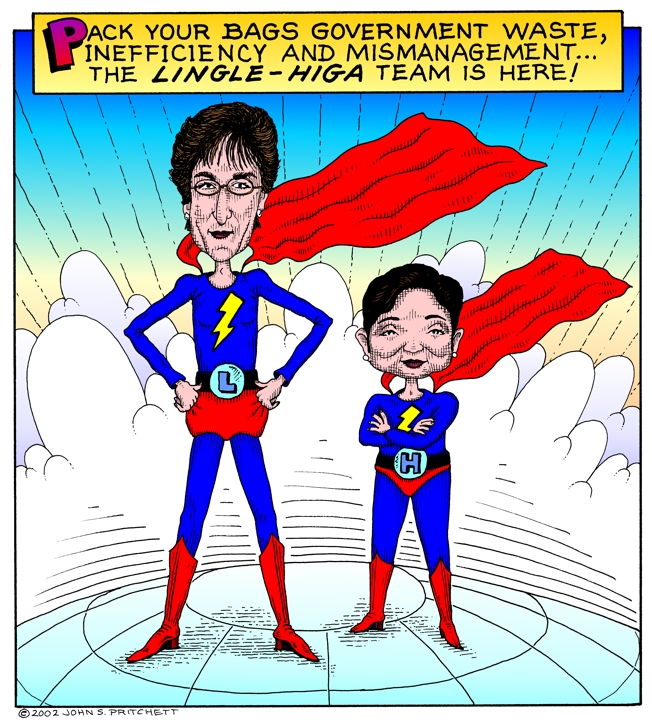 Linda Lingle and Marion Higa color cartoon, Governor Lingle and state ...